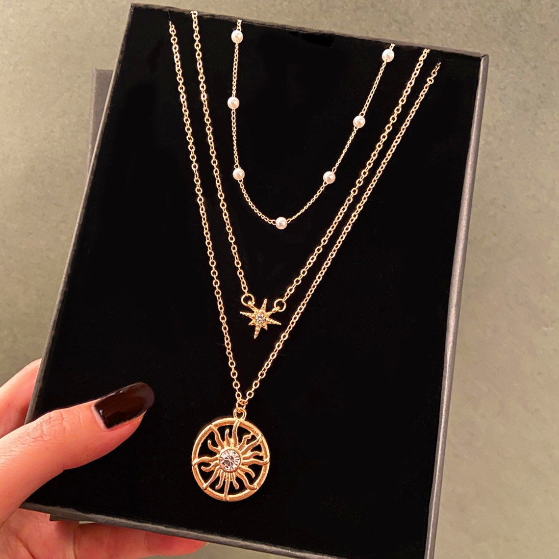Pearl Sun Star Astronomy Multi-layer Necklace | Gold Layers Pearl ...