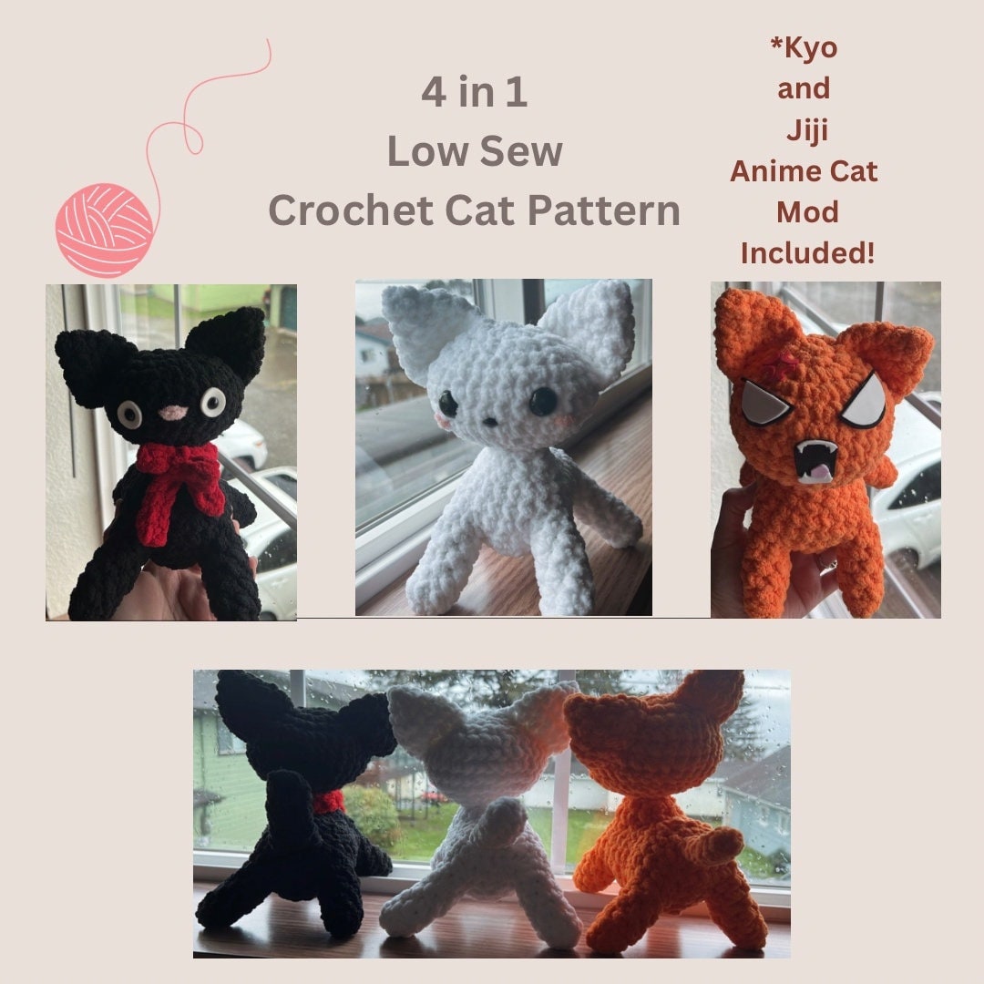 Crochet Anime Cat Pattern, Low Sew, 4 in 1 Crochet PDF CAT PATTERN, Cat ...