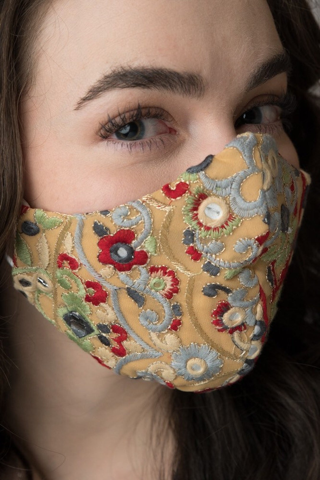 Beautiful Tuscan, Floral Embroidery Mask With Faux Mirrors - Etsy