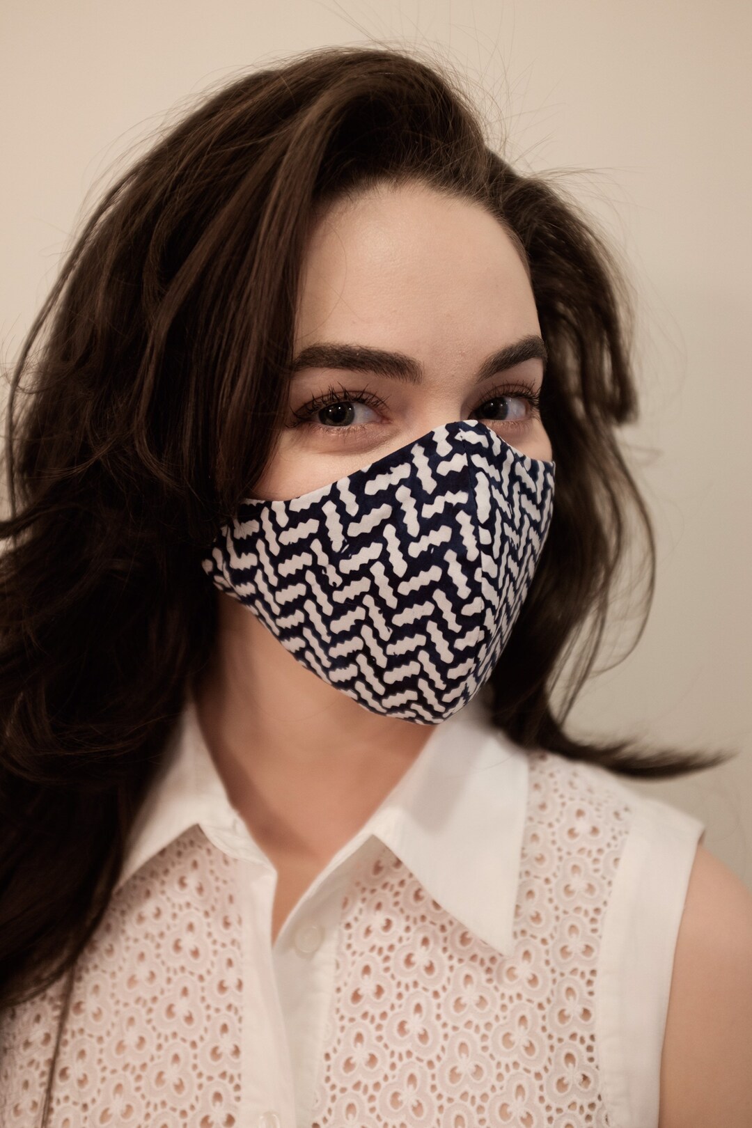 Blue and White Geometric Batik Print, Reusable Cotton Face Mask, With ...