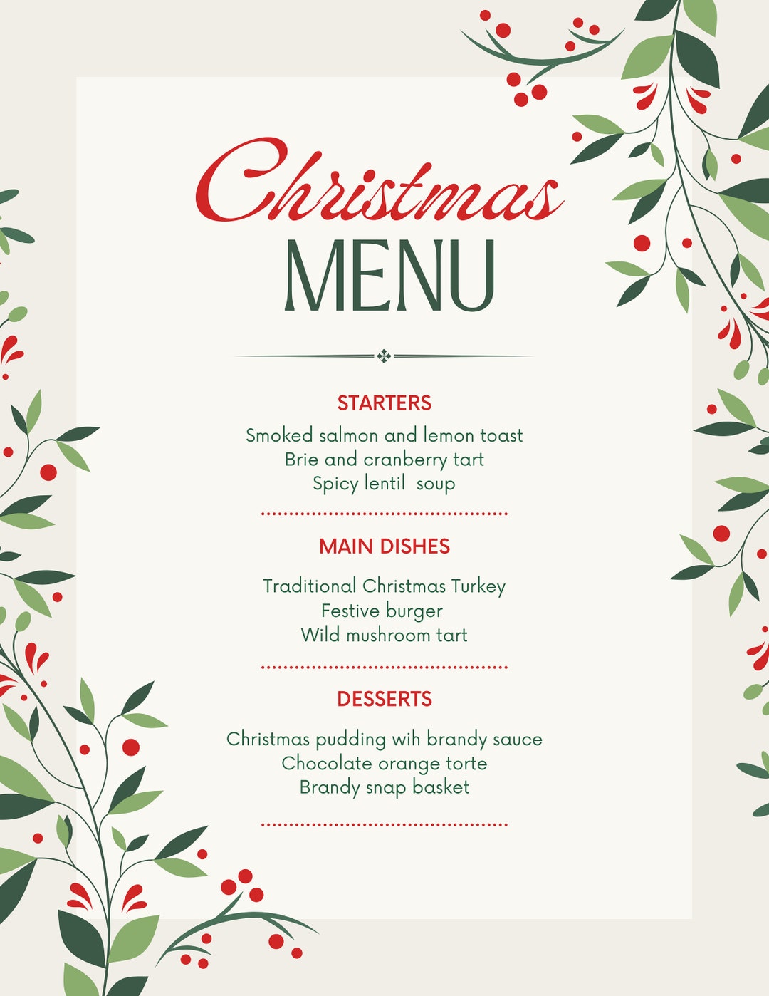Editable Christmas Menu Template, Holiday Dinner Party (instant ...