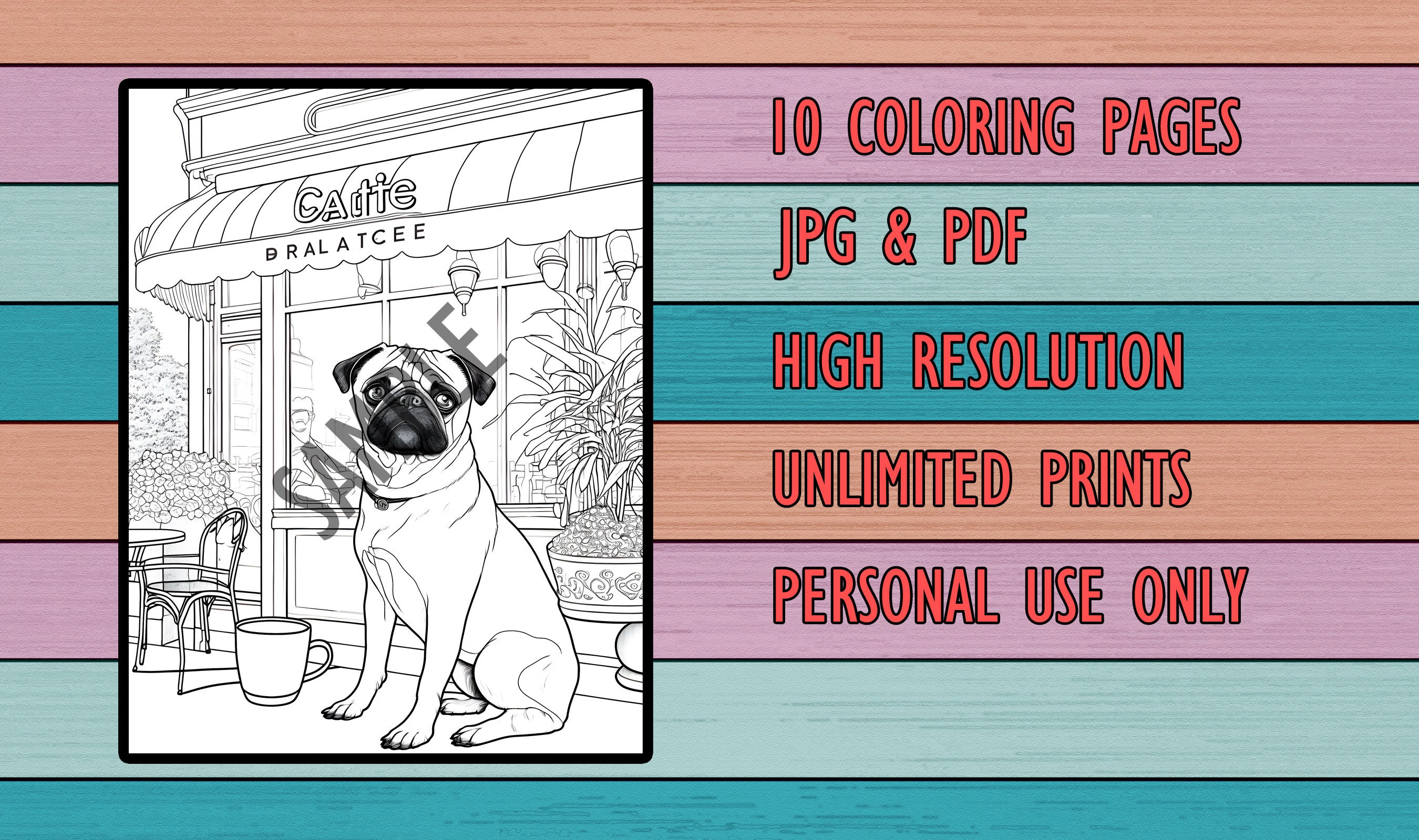 Pug Coloring Pages (set 2), Dog Coloring Pages for Adults, Dog Coloring ...