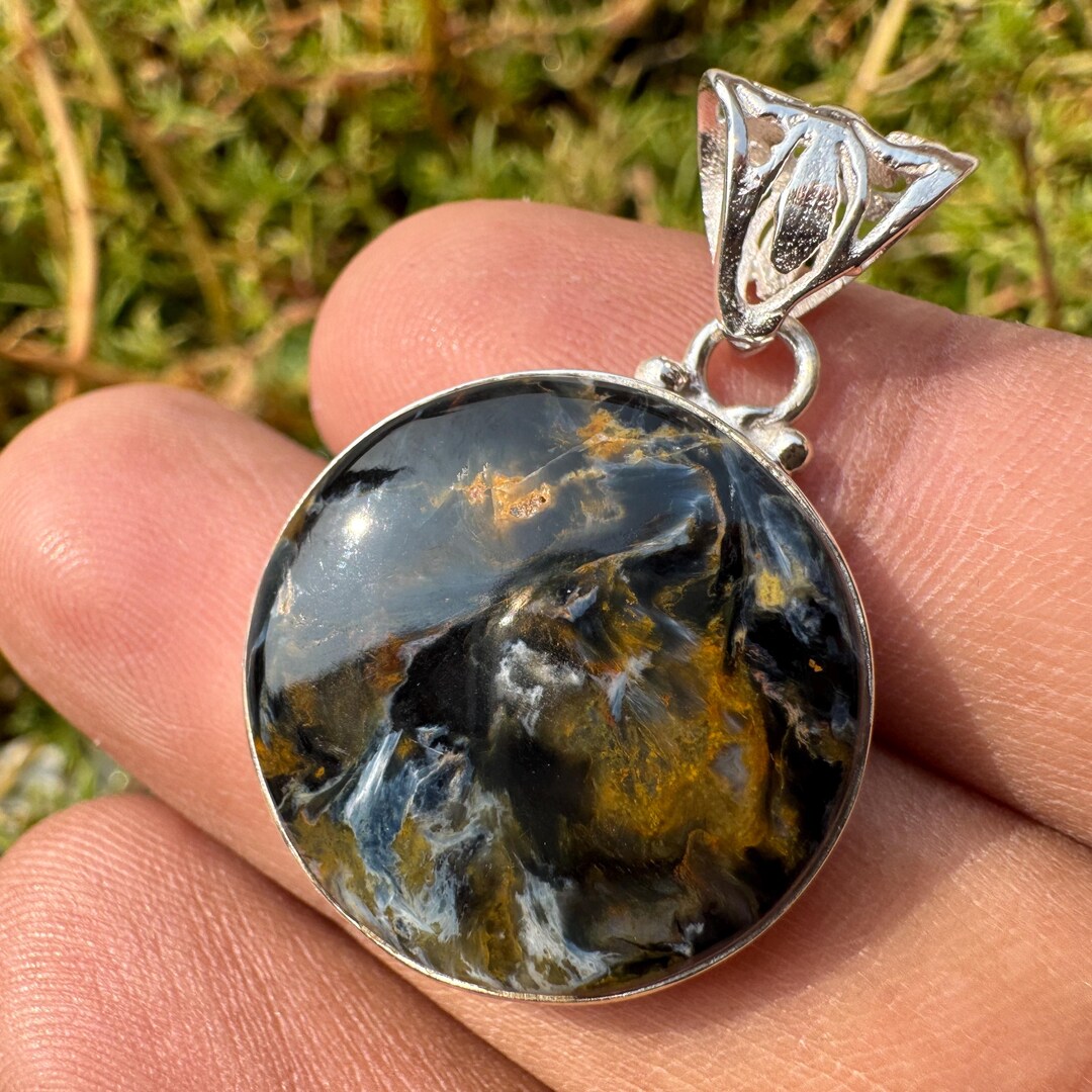 Fire Pietersite Pendant - Natural Storm Stone Jewelry - Blue and Gold ...