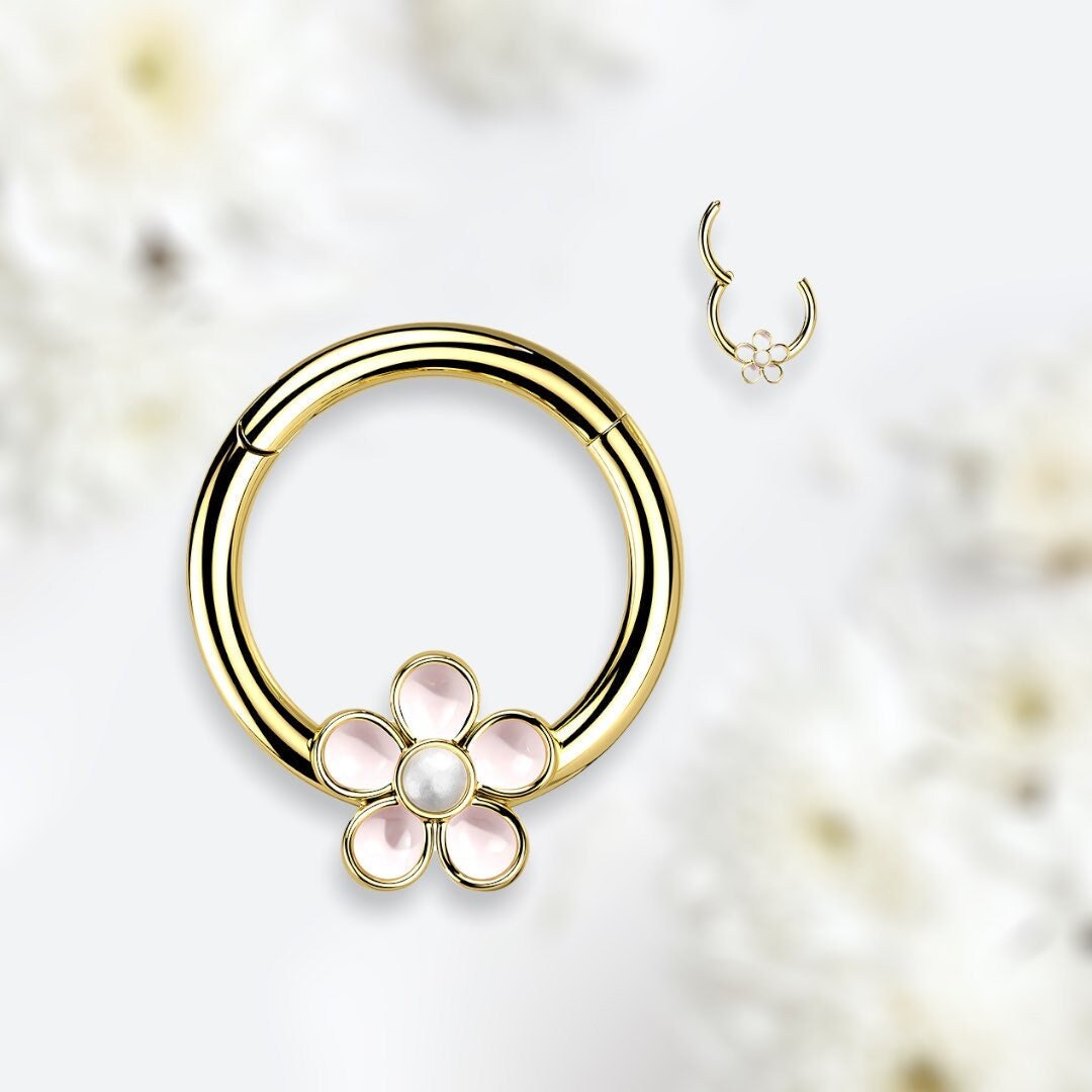 16G Gold Flower Septum Piercing Clicker Ring, Opal Decor Flower Front ...