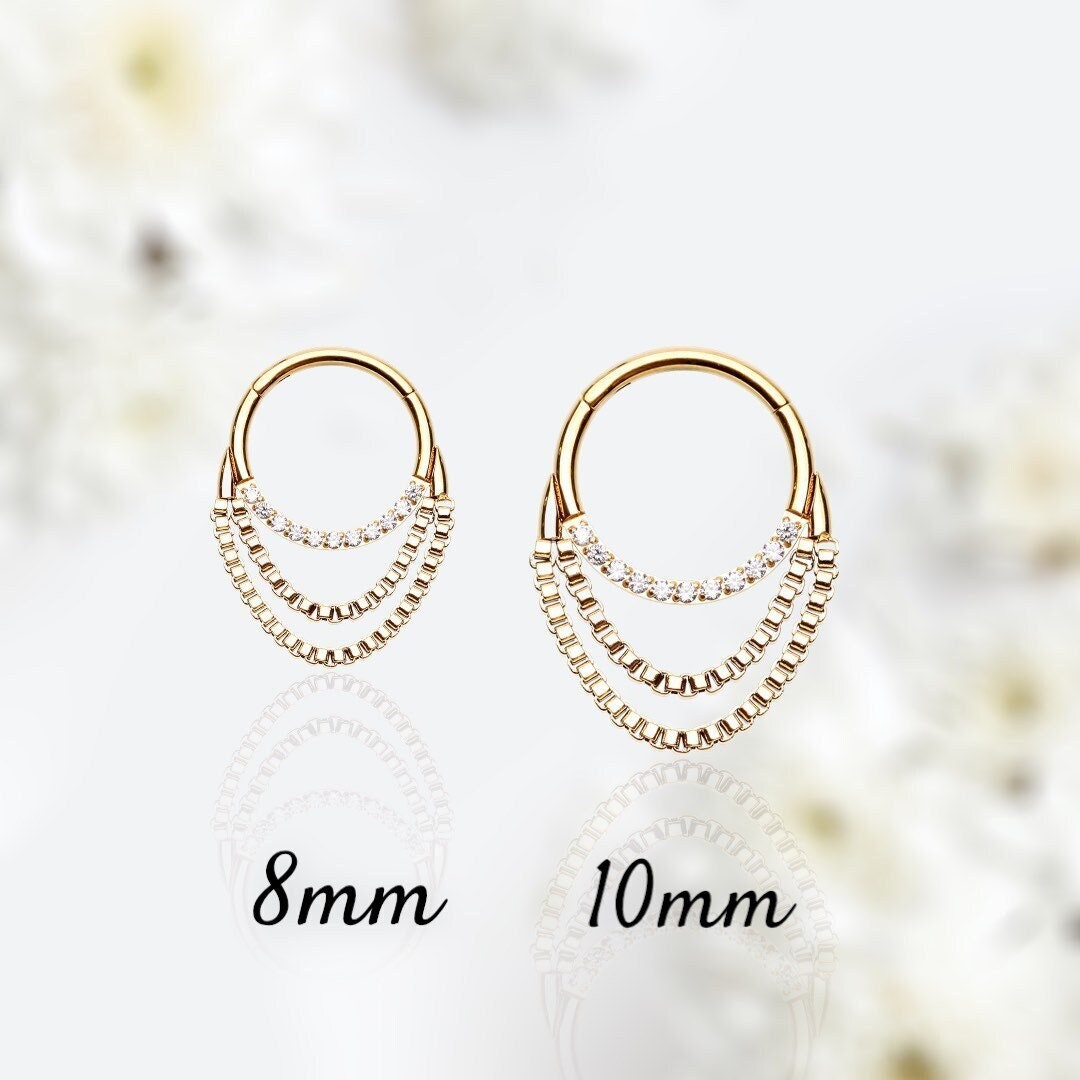 16G Gold Dangling Chains Septum Piercing Clicker Hoop Ring Beautiful ...
