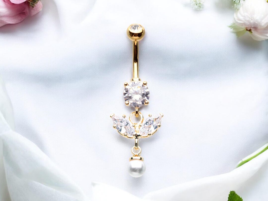 14G Gold Dainty Pearl Dangling Belly Button Ring, Cute Dangle Pearl ...