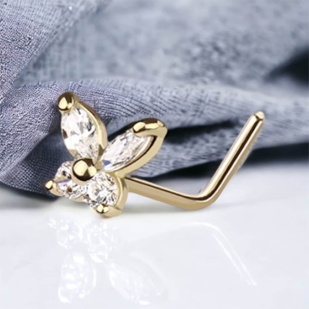 14karat Yellow Gold Clear Gem Butterfly L Shape Nose Stud. Nose ...