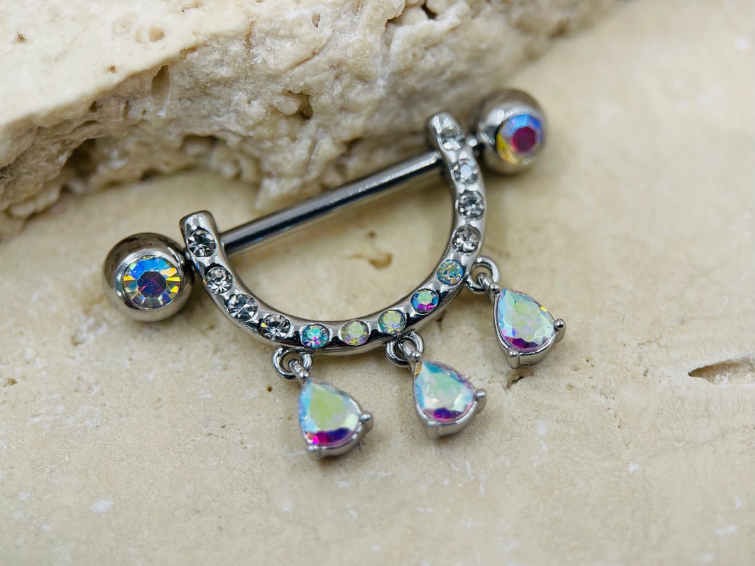 Floating Teardrop Nipple Barbell Multicolor Iridescent Gem - Etsy