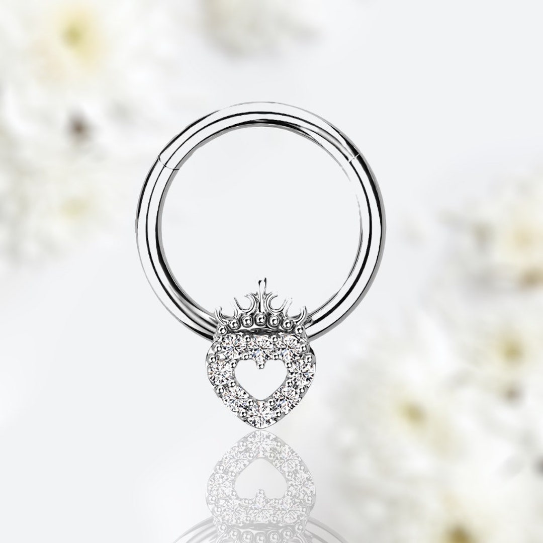 16G Silver Heart & Crown 8mm Surgical Steel Seamless Hinged Septum ...