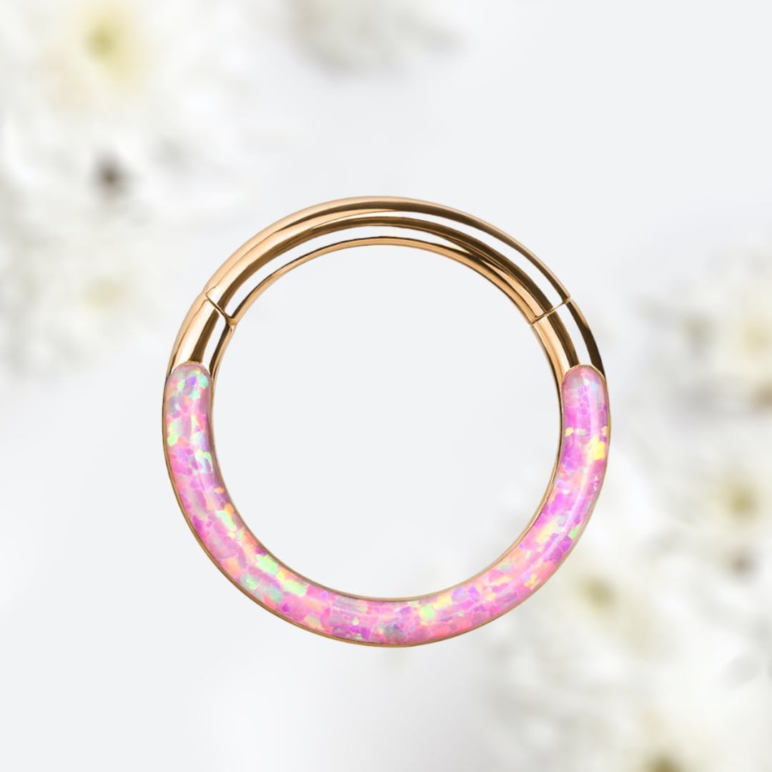 16G Rose Gold Pink Opal Inlay Septum Piercing Hoop Clicker Ring Elegant ...