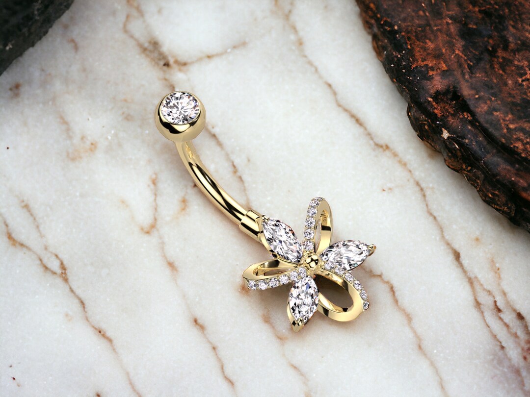 14g Marquise Flower Belly Button Ring, Floral Decor Sparkle Gem Non ...