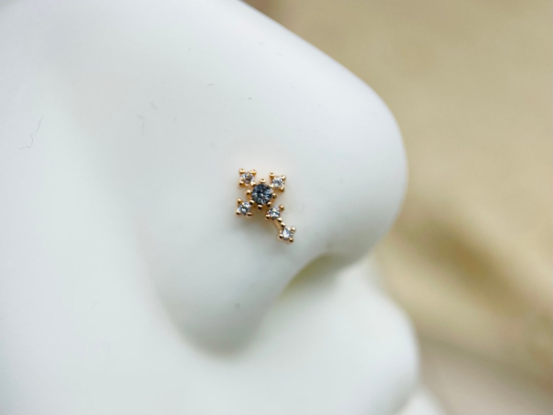 20G Rose Gold Cross Top Nose Stud Ring, Cross Symbol Decor Sparkle Gem ...