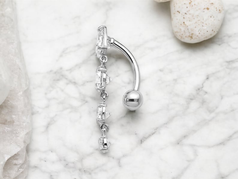 10K White Gold Dangle Belly Ring, Sparkling Gem Decor Front Reversible ...