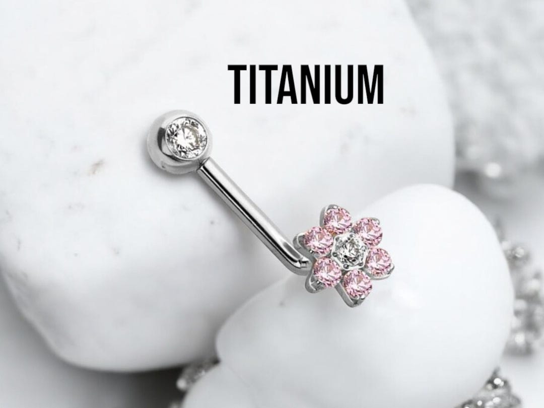 Titanium Internally Threaded Christina Piercing, L Bent Pink Flower ...