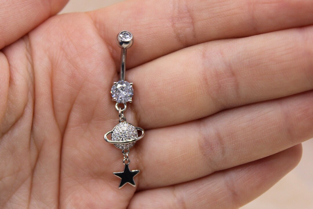 Star Belly Ring, Planet & Star Dangle Belly Button Ring Piercing ...