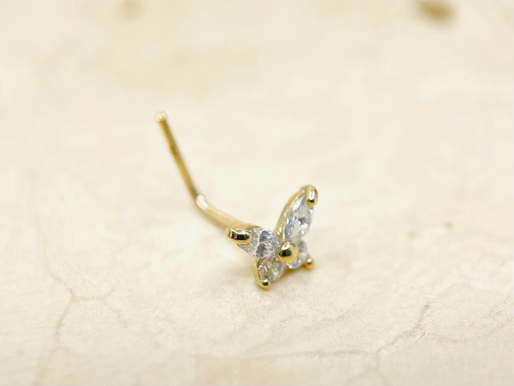 14karat Yellow Gold Clear Gem Butterfly L Shape Nose Stud. Nose ...
