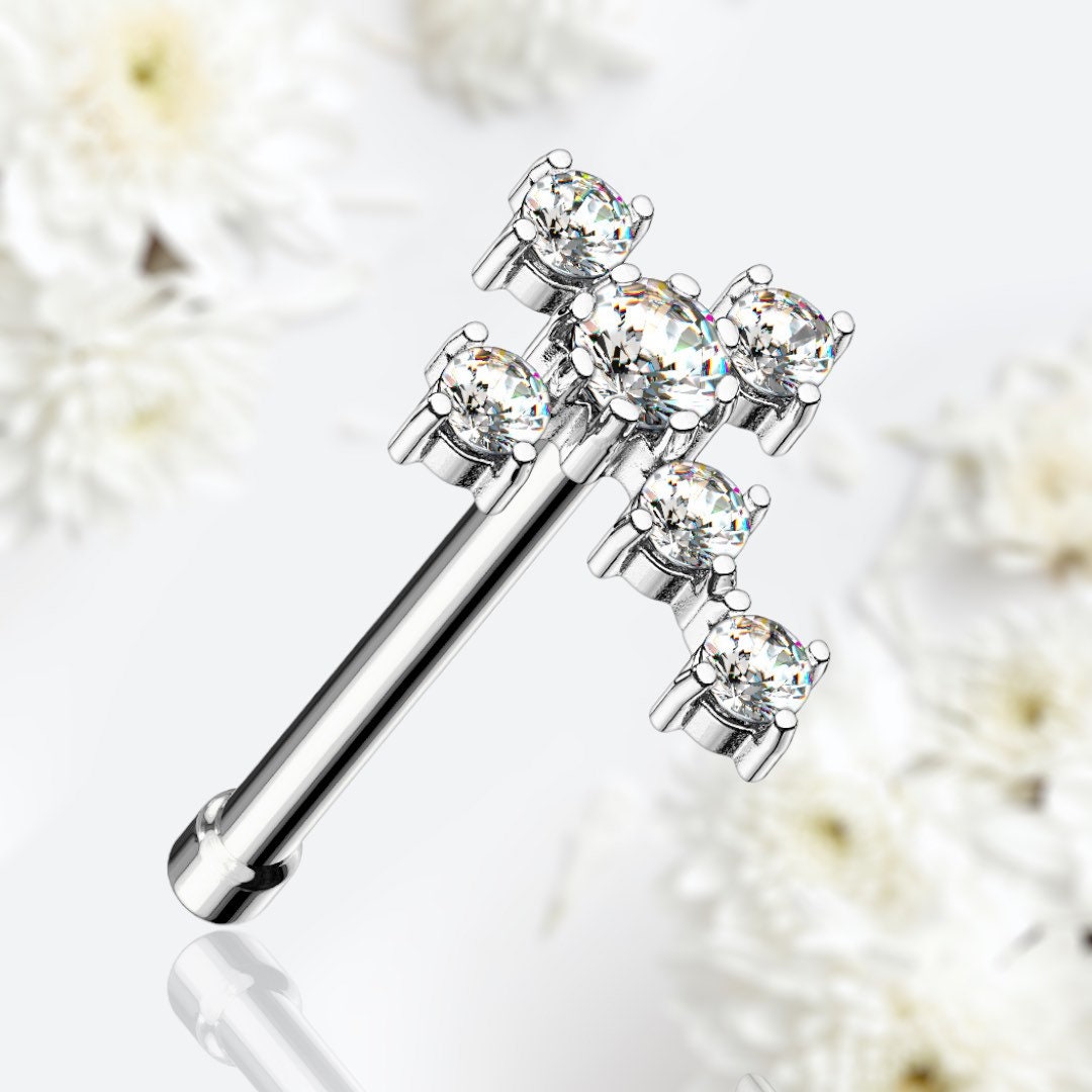 20G Cross Nose Stud, Sparkle Clear Gems Decor Cross Shape Nose Bone ...