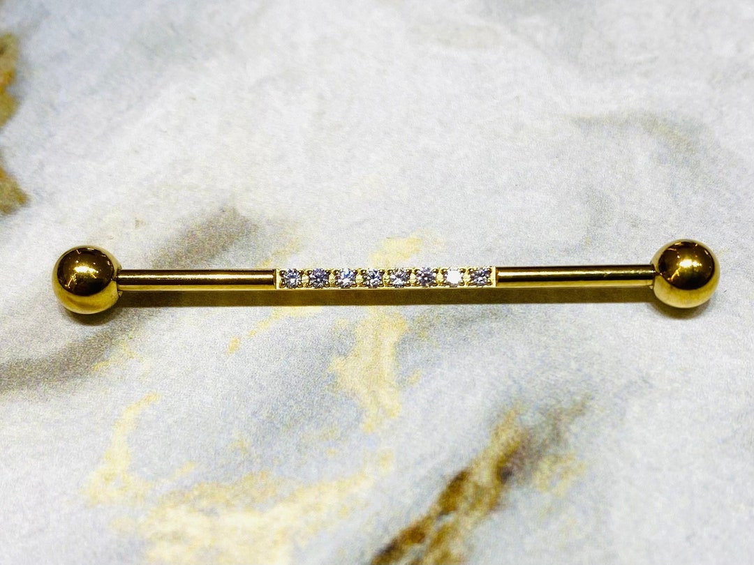 14G Gold Industrial Barbell With Sparkling Clear Stones. 38mm - Etsy