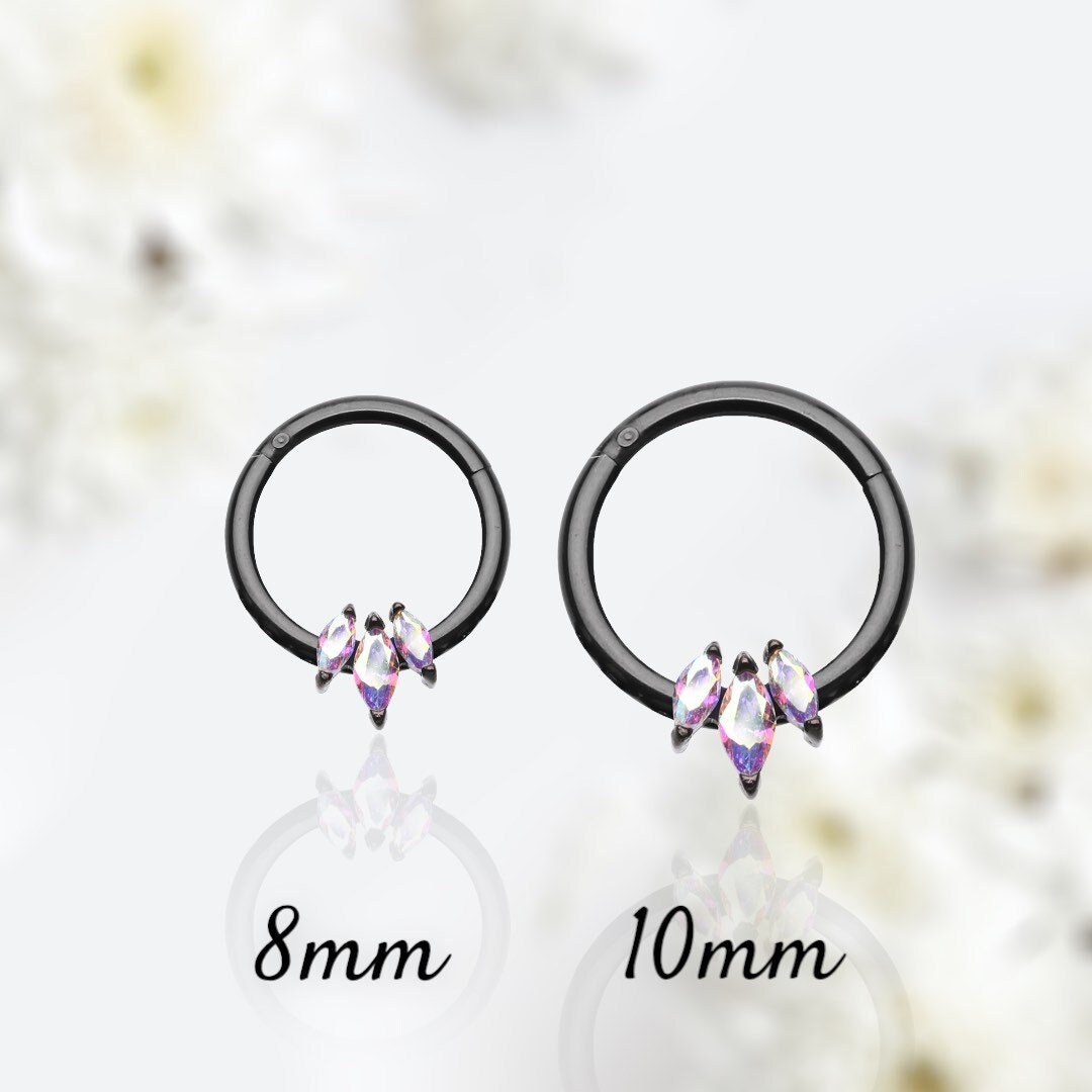 16G Black Iridescent Gems Septum Clicker Hoop Ring Colorful Gems Decor Fancy Septum Clicker Hoop ...