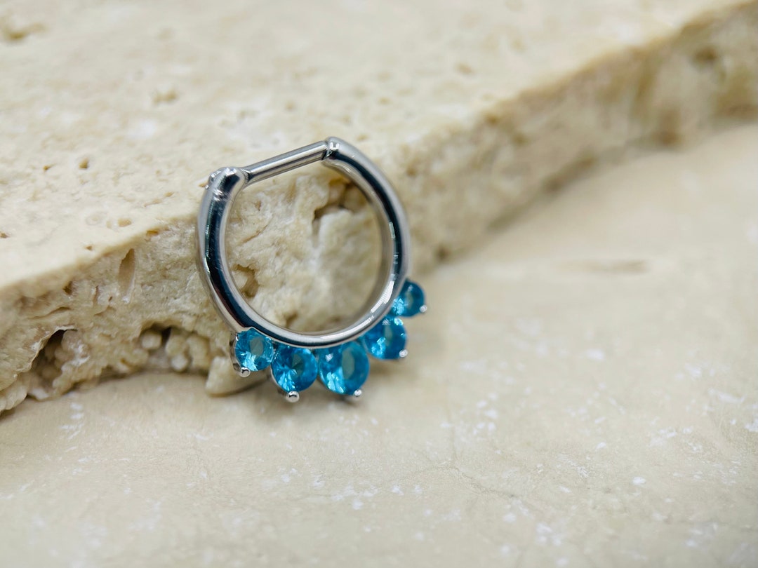 Blue Septum Ring, Sparkling Aqua Stone Septum Clicker Ring, 16G Septum ...