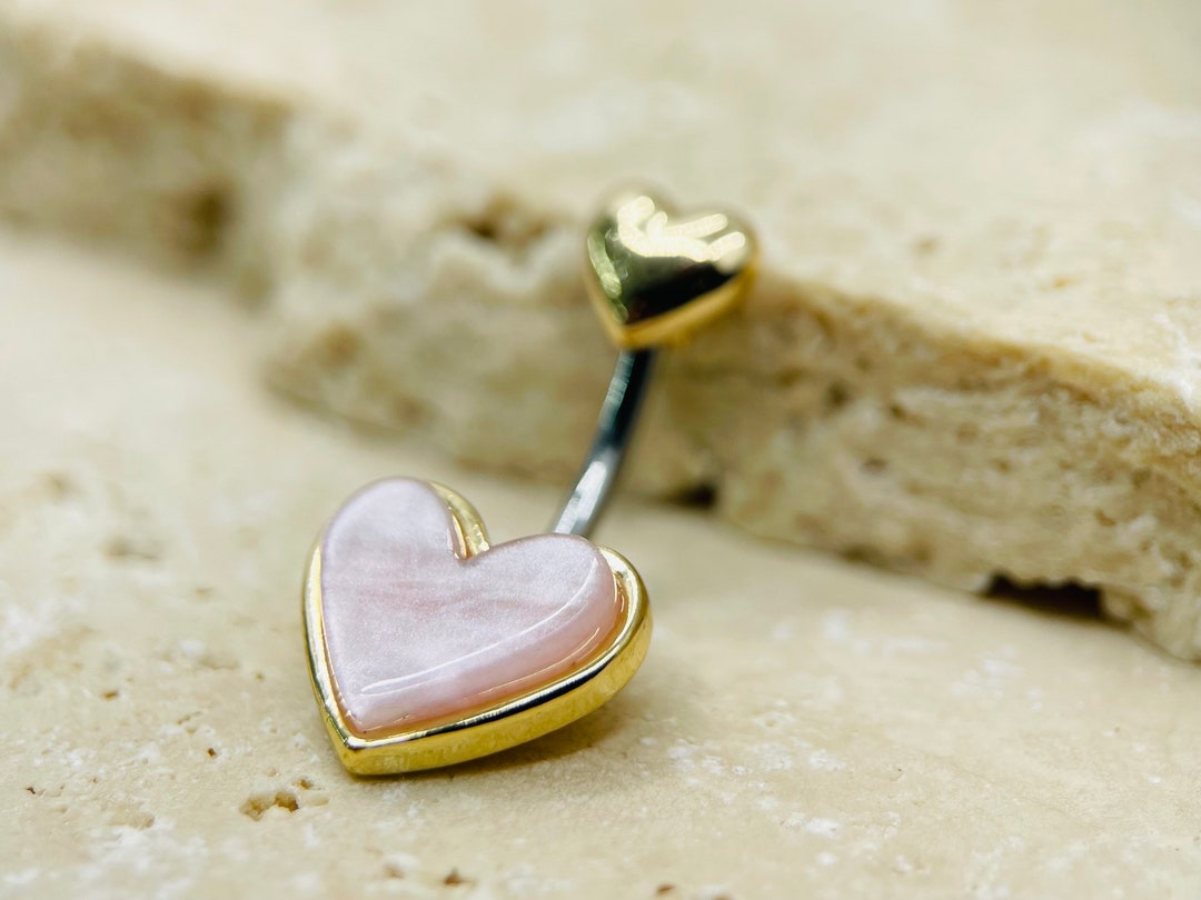 14G Mother of Pearl Heart Belly Button Ring, Simple Belly Ring - Etsy