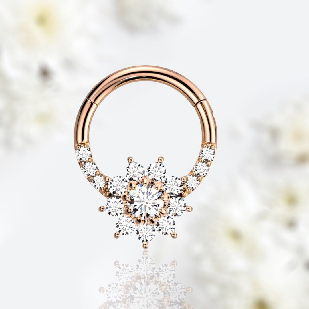 16G Rose Gold Flower 8mm Seamless Hinged Septum Piercing Clicker Ring ...