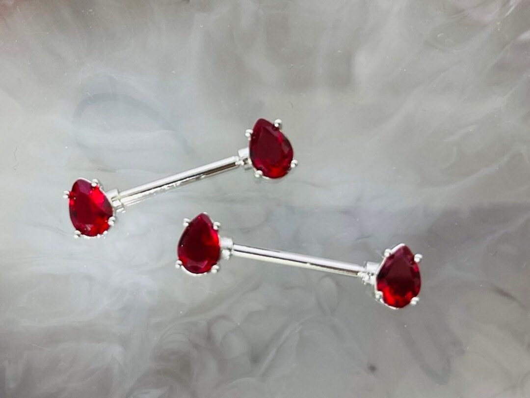 Pair of 14G Silver Teardrop Red Gems Nipple Barbells. Nipple Rings ...