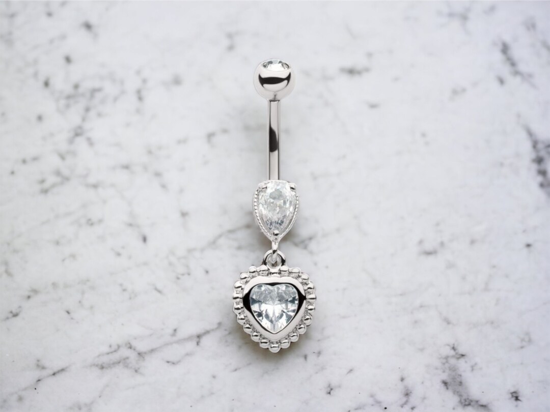 Silver Beaded Heart & Teardrop Dangling Belly Button Ring Piercing ...