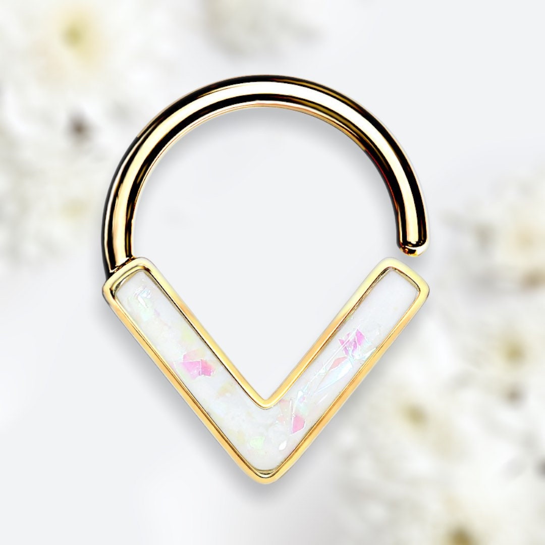16G White Opal Glitter Bendable Septum Piercing Hoop Ring V Shape White ...