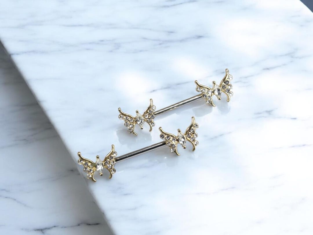 14G Gold Butterfly Nipple Piercing Jewelry Barbells, Artsy Decor Cz Gem ...