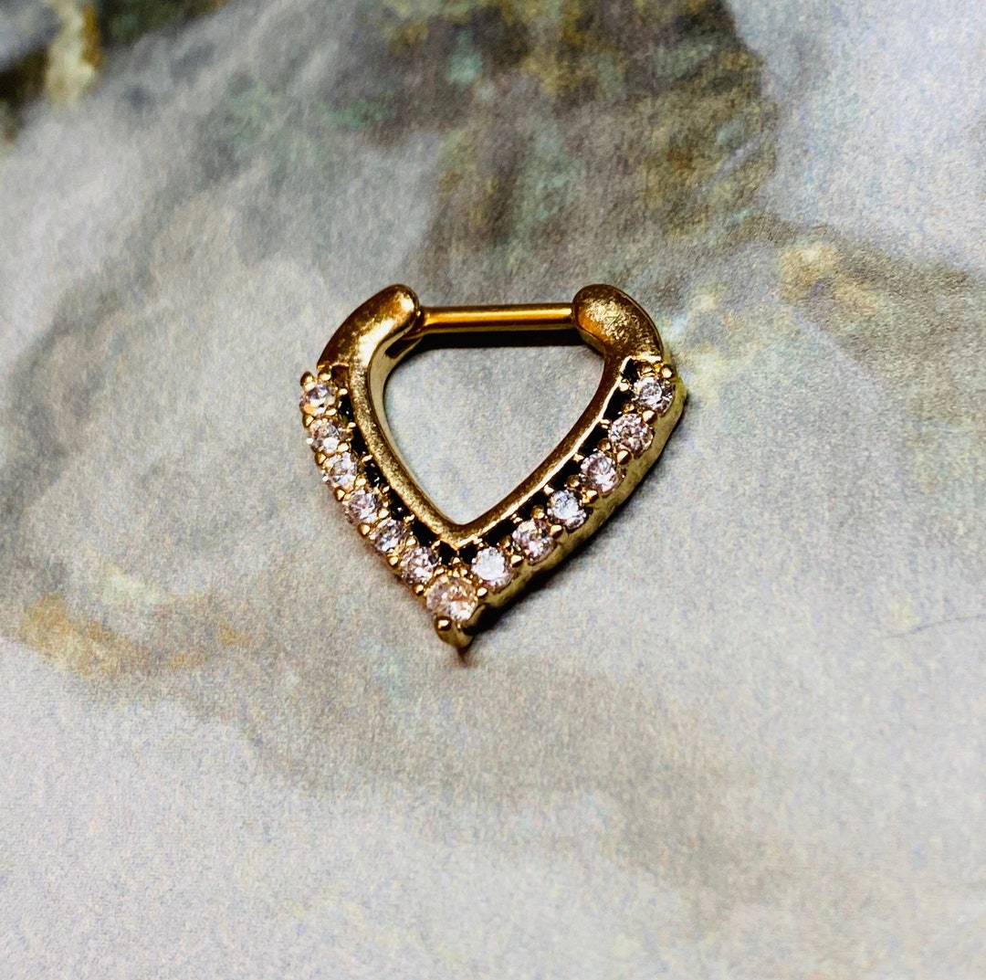 16G Gold V Shape Septum Piercing Hoop Clicker Ring Diamond Decor Front ...