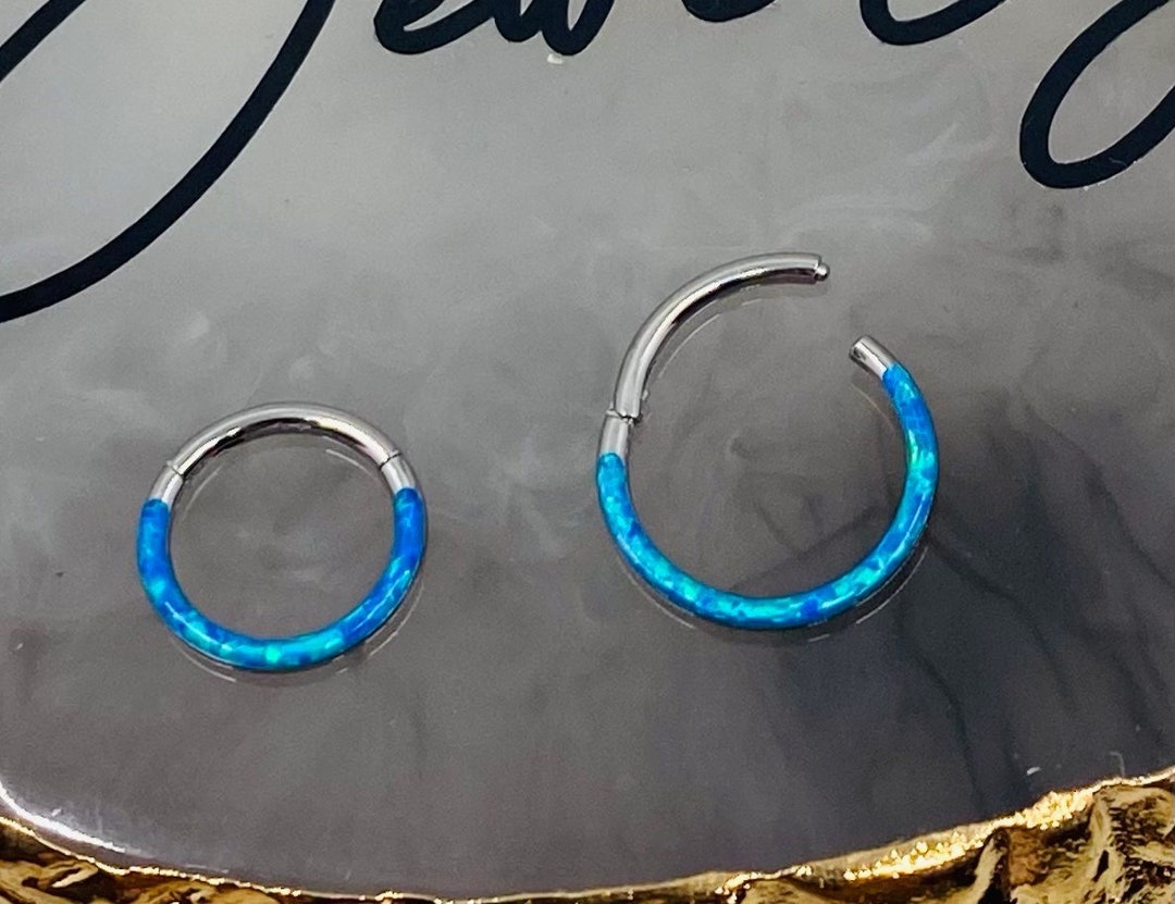 16G Blue Opal Septum Piercing Hoop Ring Simple Style Front Blue Opal ...