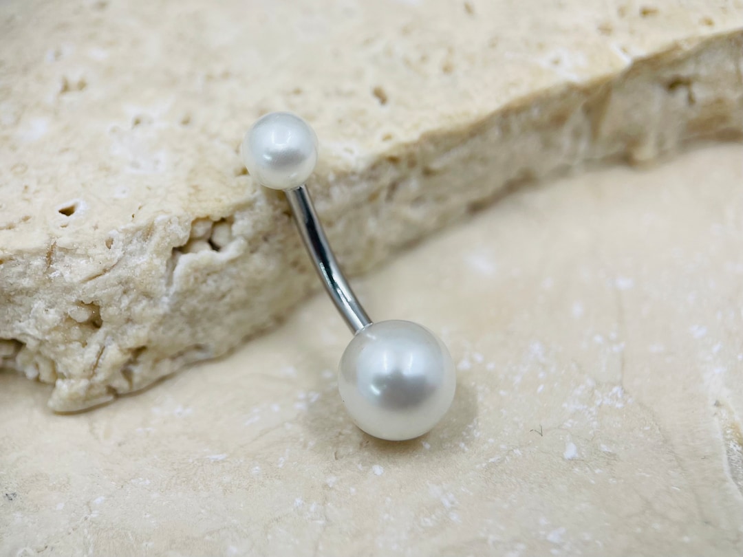 14G Silver White Pearl Texture Basic Belly Button Ring - Etsy