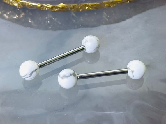 Pair of 14G White Marble Natural Stone Balls Nipple Barbell. | Etsy