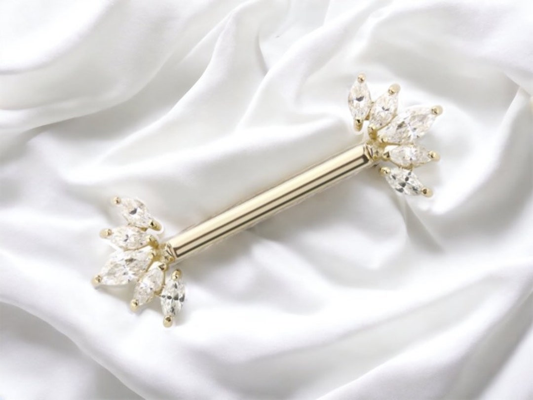 14karat Gold Clear Gem Marquise Push in Ends Threadless Nipple Barbells - Etsy