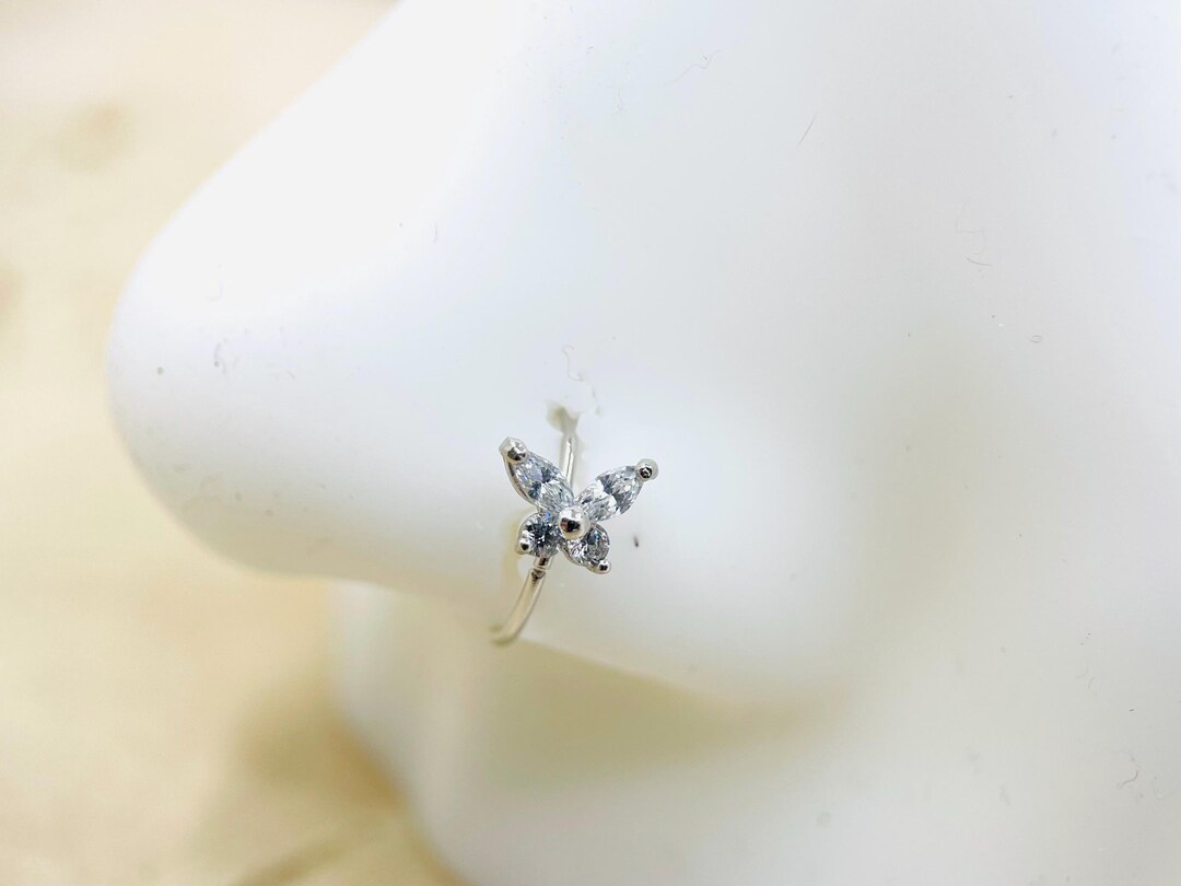 14K Butterfly Nose Hoop Ring, Solid White Gold Butterfly Top Nose ...