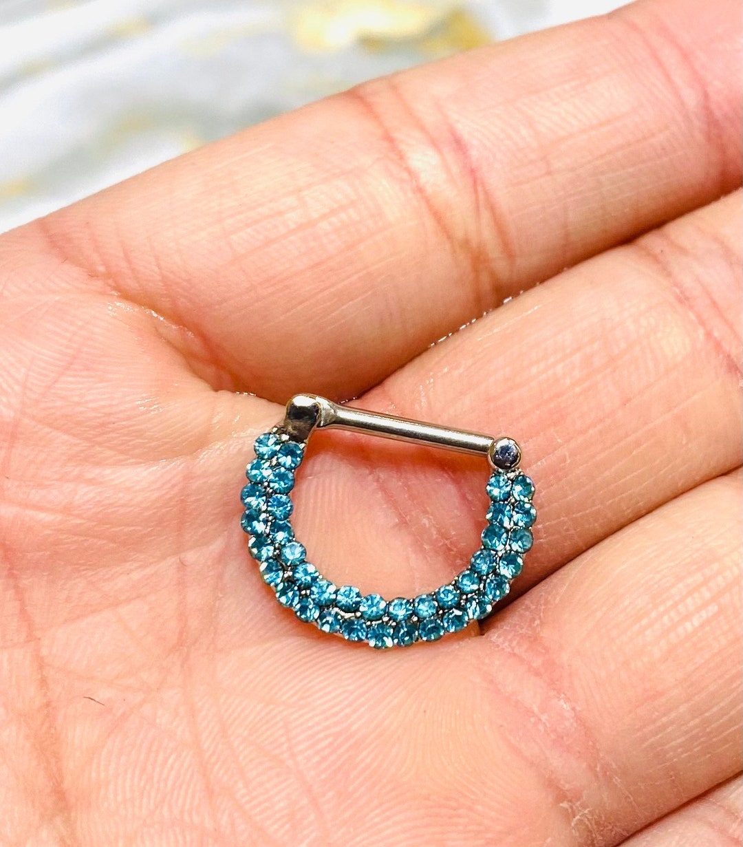 14G Double Line Blue Gem Decor Septum Clicker Ring Simple Style Septum ...