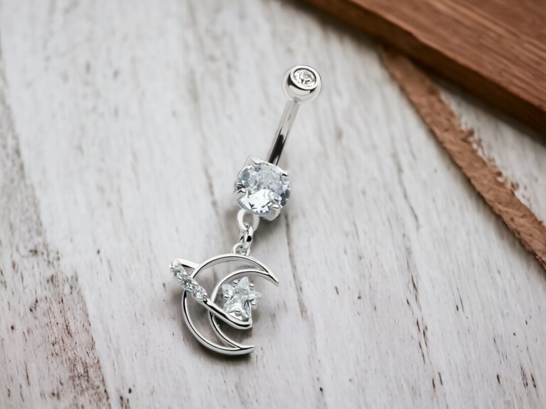 Crescent Moon & Star Belly Button Ring, Delicate Belly Ring, Moon Belly ...