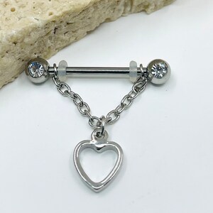 14G Dangling Chain & Heart Nipple Barbell, Hanging Chain Nipple Bars ...