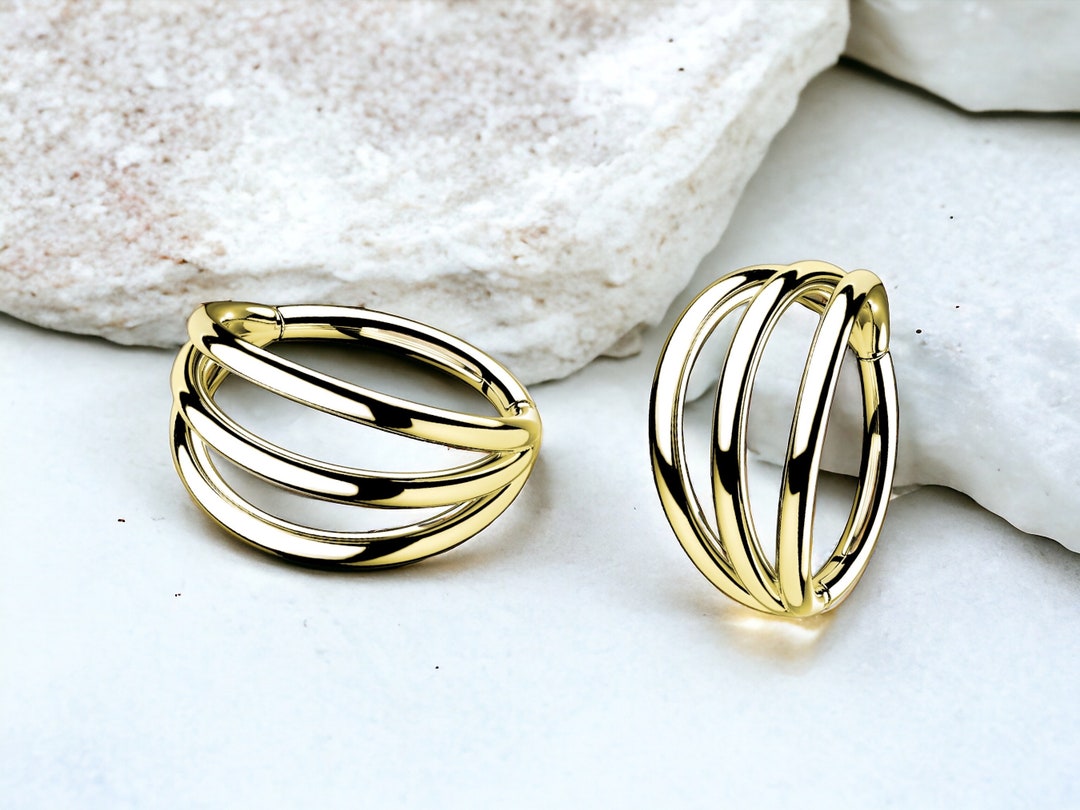 Gold Triple Hoop Clicker Ring, Simple Triple Hoop Look Septum Nose ...