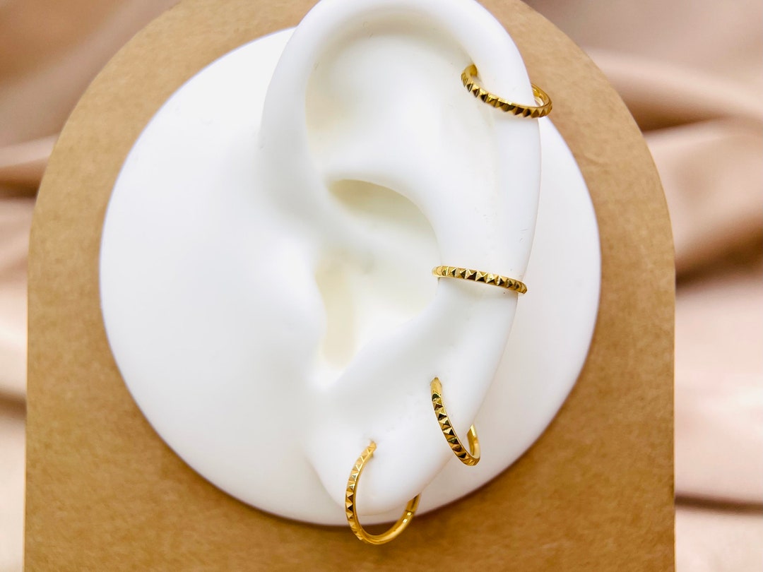 16g Gold Dainty Clicker Ring, Thin Diamond Cut Dent Top Hoop Earring ...