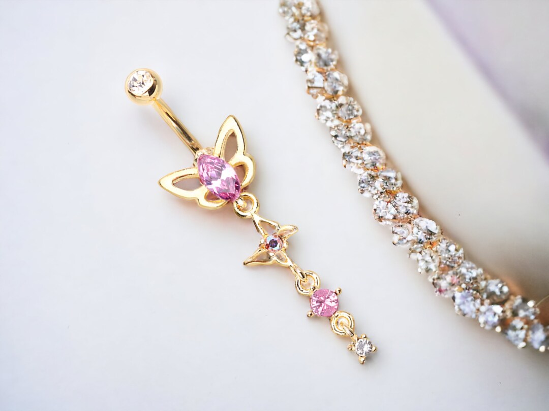 14G Gold Dangling Pink Butterly Belly Button Ring, Navel Piercing - Etsy