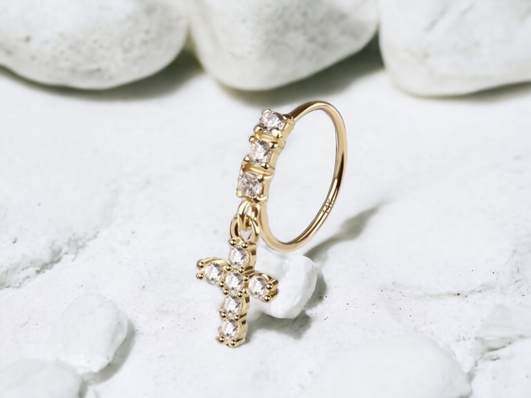 14K Dangle Cross Nose Ring, Sparkle Cross Thin Snug Fit Dangling Nose ...