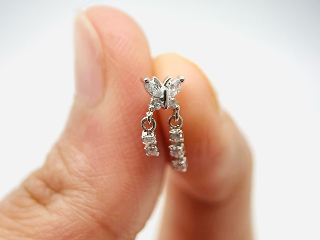 20G Silver Dangle Gems Butterfly Nose Stud Ring, Nose Piercing Jewelry ...