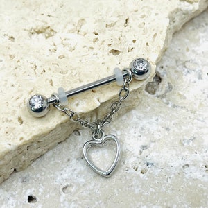 14G Dangling Chain & Heart Nipple Barbell, Hanging Chain Nipple Bars ...
