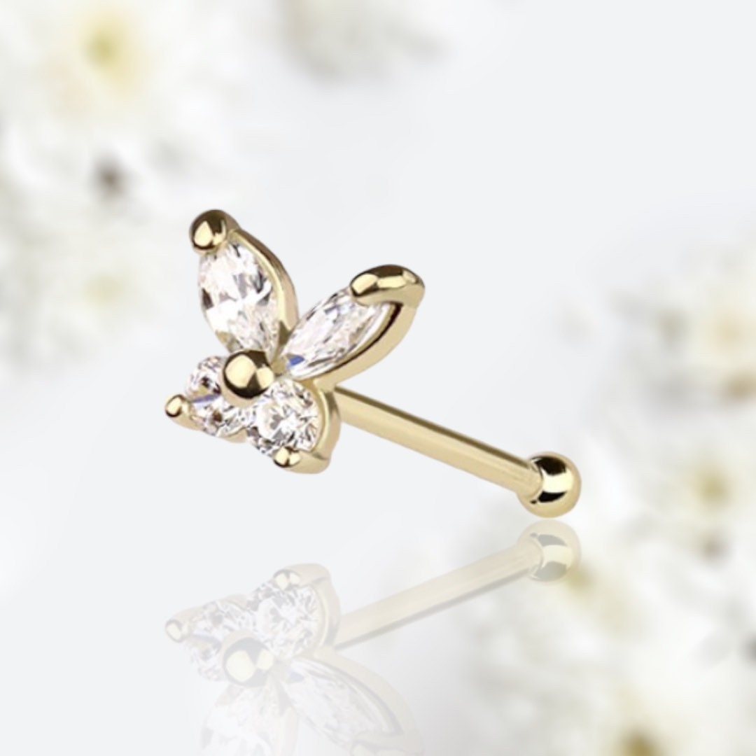 14karat Yellow Gold Clear Gem Butterfly Nose Stud. Nose Piercing. Nose ...