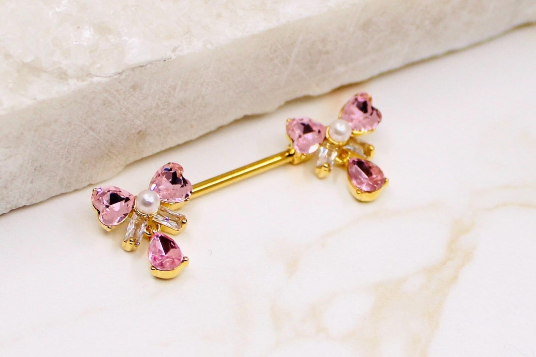 Coquette Theme Nipple Ring, Dangle Pink Gem Pearl Decor Nipple Piercing ...