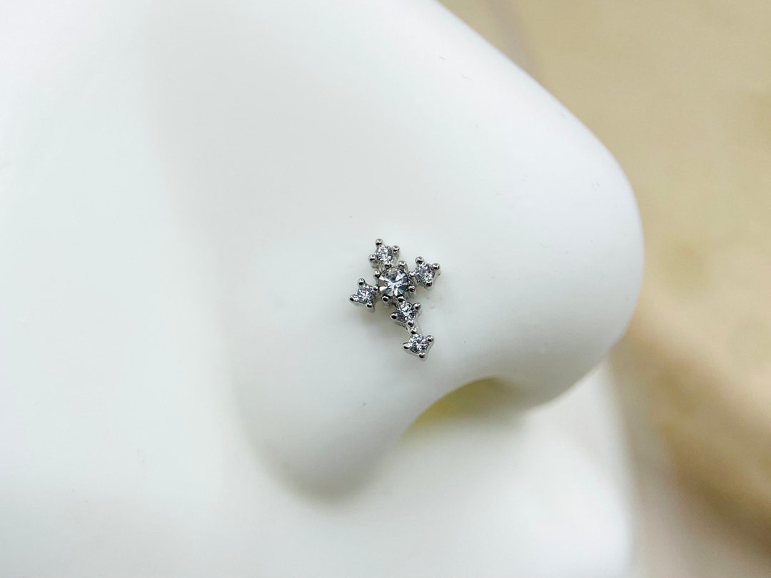 20G Cross Nose Stud, Sparkle Clear Gems Decor Cross Shape Nose Bone ...