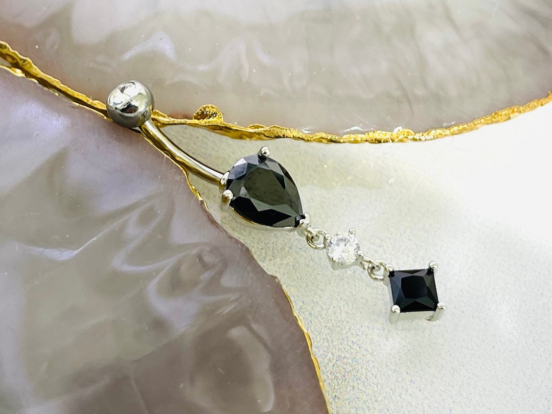14G Black Dangling Princess Cut Stone and Teardrop Belly Button Ring - Etsy