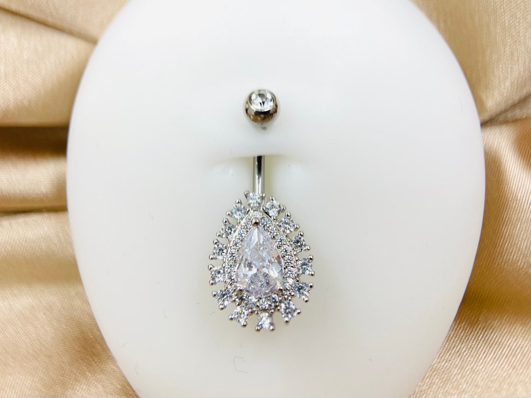 14G Teardrop Belly Ring, Beautiful CZ Teardrop Baguette Gem Decor Belly ...